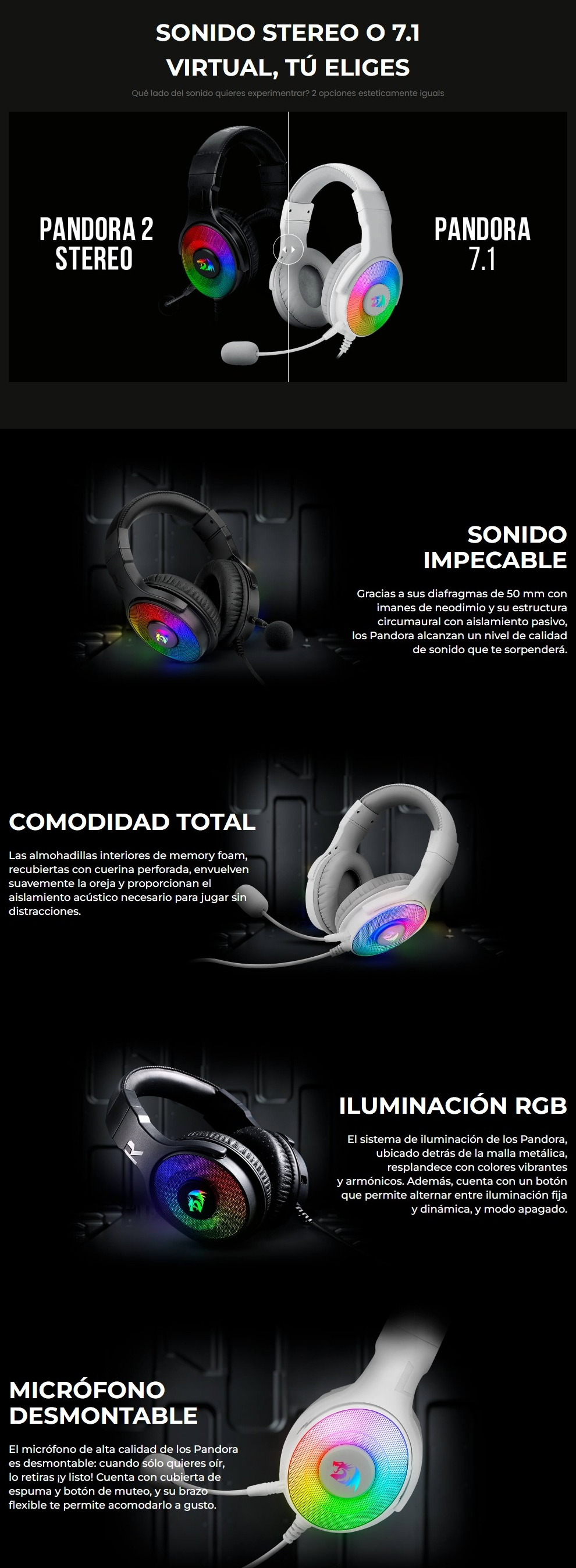 Diadema REDRAGON Pandora Rgb / Alámbrico / 3.5mm, USB / Micrófono ...