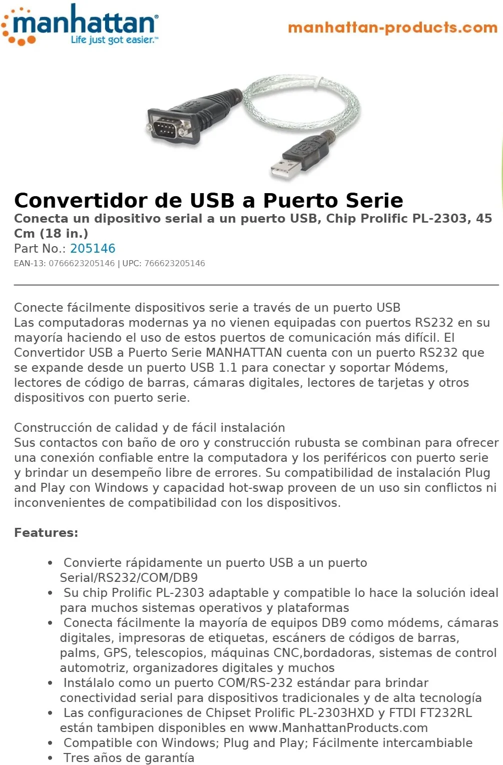 Cable Convertidor MANHATTAN 205146 / USB A Puerto Serie / USB A Macho ...